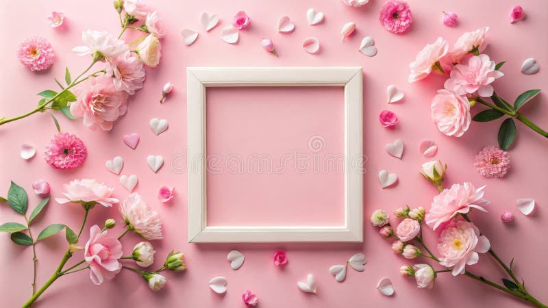 Romantic Floral Frame Composition with Delicate Pink Flowers and Hearts ...
