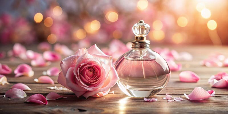 Romantic Floral Perfume Bottle and Rose Petals on Wood. Generative AI ...