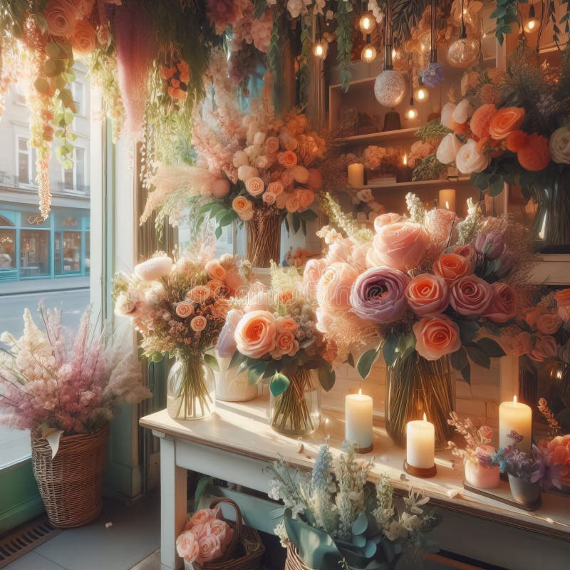 Romantic Flower Shop. Generative AI Stock Illustration - Illustration ...