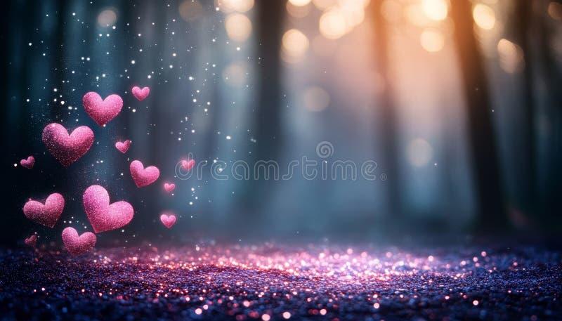 Romantic Forest Background, Pink Hearts Floating, Glitter and Soft ...