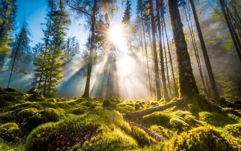 Romantic Forest with Moss in Backlight Stock Illustration ...