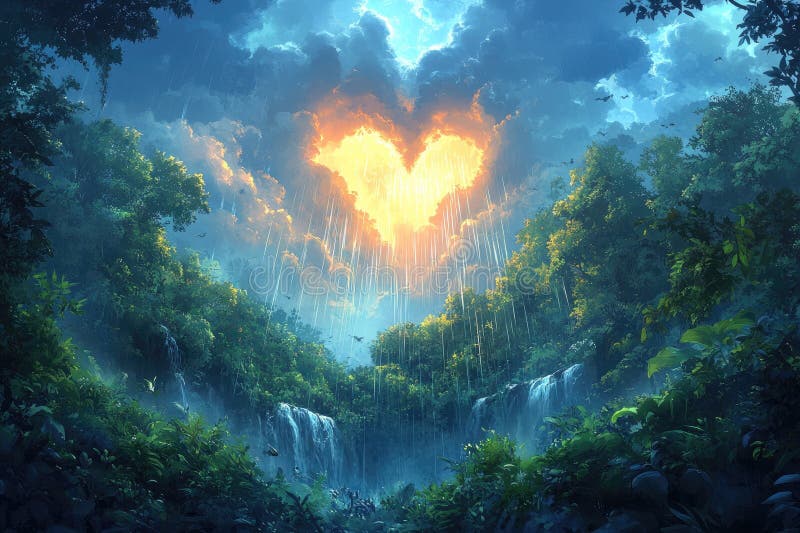 Heart-Shaped Cloud Over Lush Rainforest Waterfall during a Mystical ...