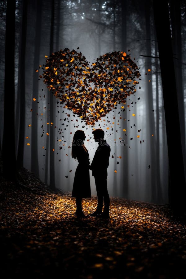 Romantic Forest Silhouette Heart Shaped Autumn Leaves Stock Photos ...