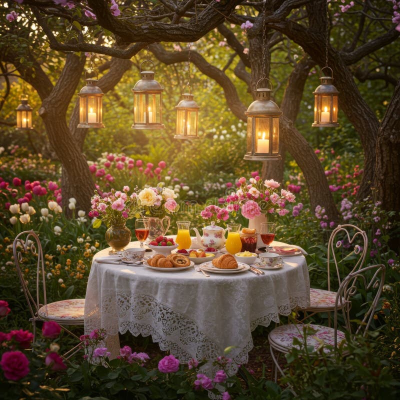 Romantic Garden Breakfast Setting with Flowers and Lanterns Stock ...