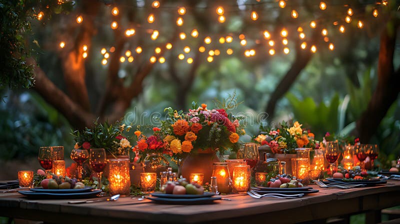 Romantic Garden Dinner Party, String Lights, Sunset Stock Illustration ...