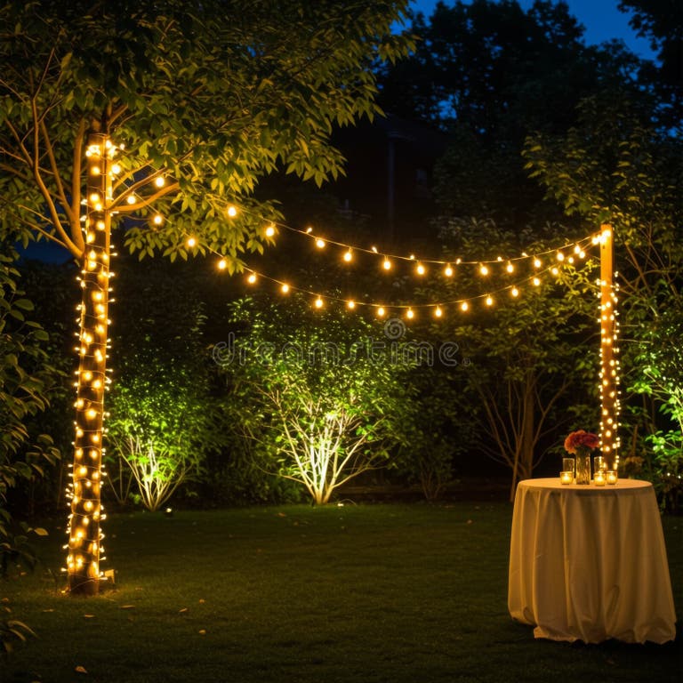 Romantic Garden Party at Night with String Lights Stock Illustration ...