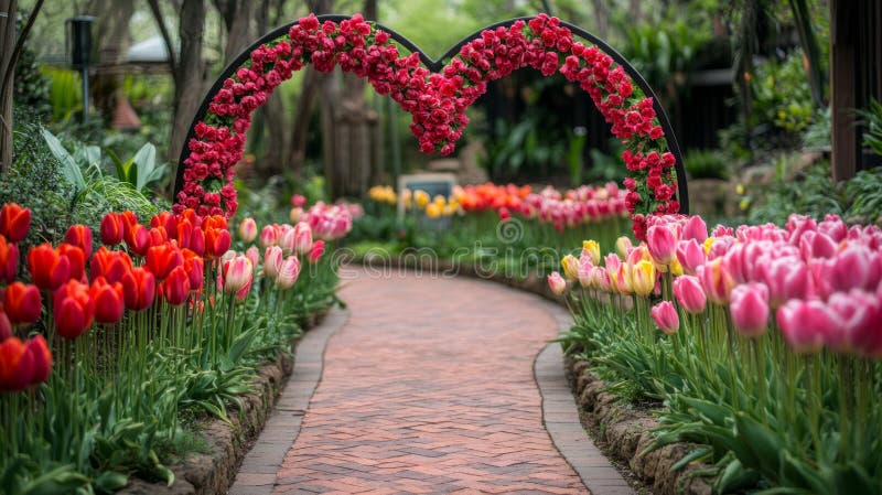 Romantic Garden Path with Heart-Shaped Tulip Arch Stock Illustration ...