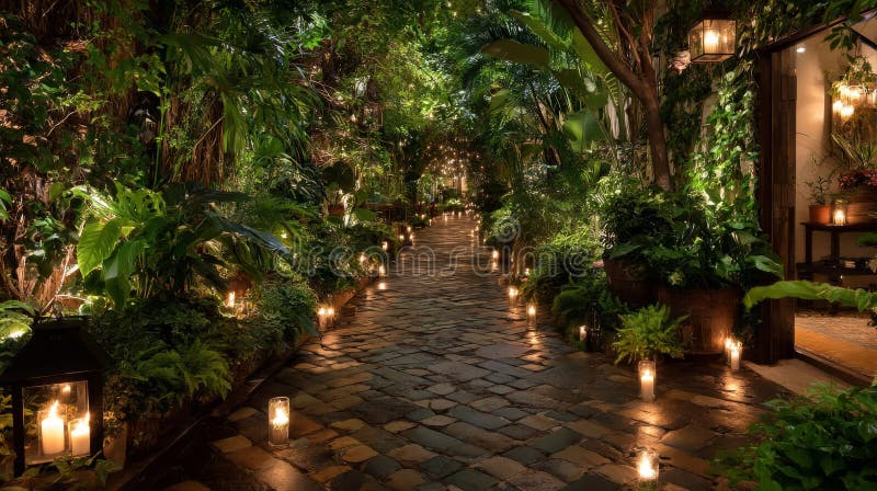 Romantic Garden Path at Night with Glowing Candles Stock Illustration ...