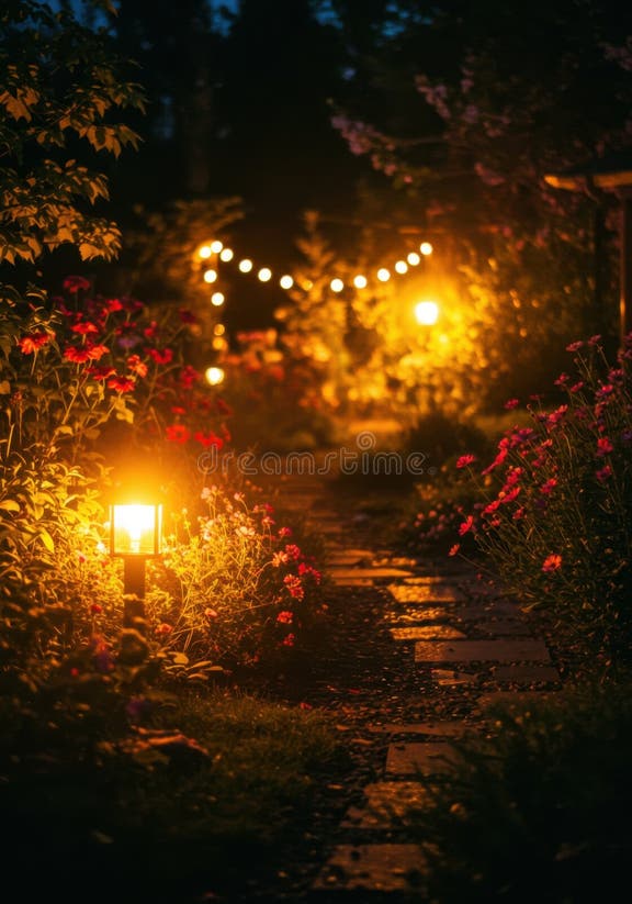 Romantic Garden Path at Night with Warm Lighting Stock Illustration ...