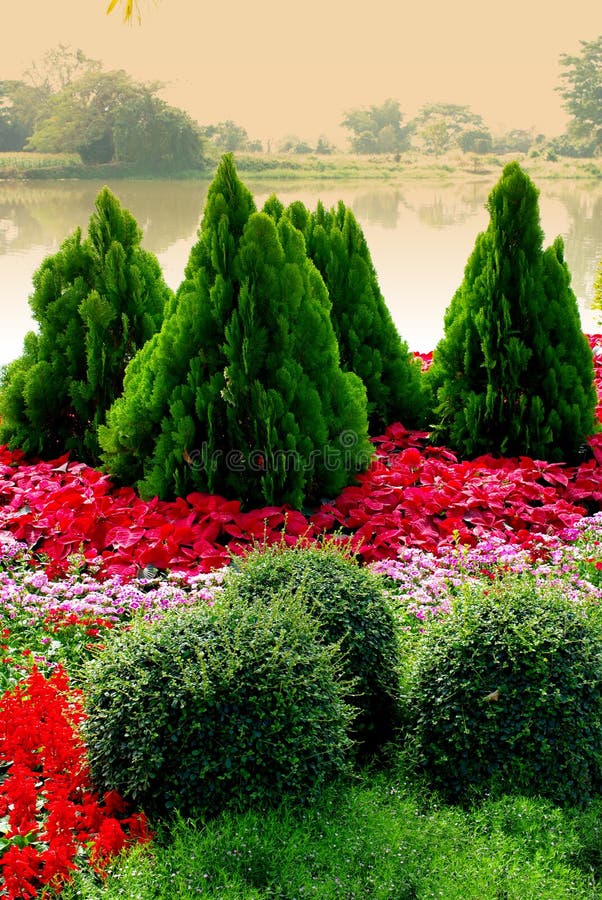 Romantic Garden with River Background Stock Photo - Image of flower ...