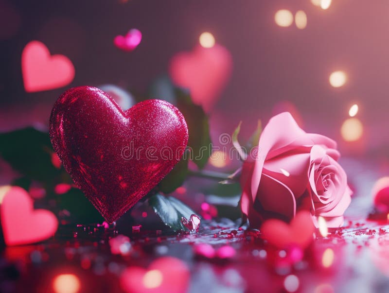 Pink Rose with Red Heart stock photo. Image of generated - 385152482