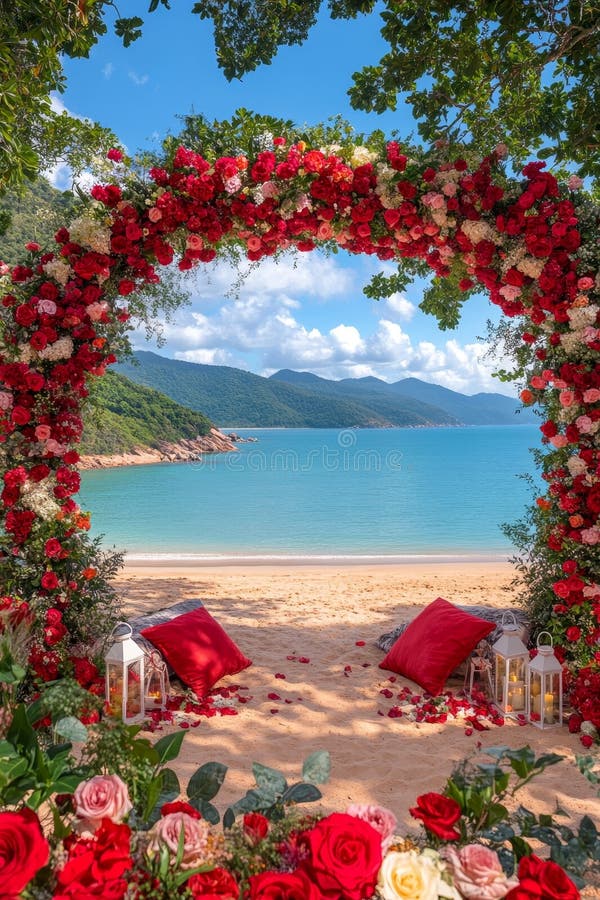 Romantic Getaway Beautiful Beach Setting with Red Rose Archway for a ...