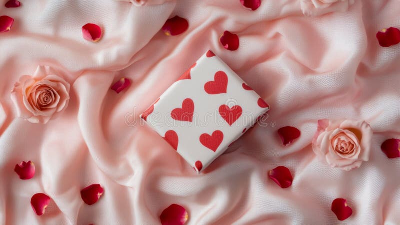 Romantic Gift Box with Heart Pattern Surrounded by Roses and Petals ...