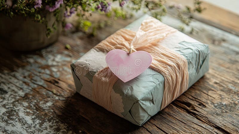 A Romantic Gift Box Wrapped in Pastel Paper with a Heart-shaped Tag ...