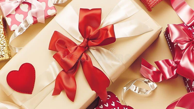 Romantic Gift Boxes with Red Ribbons and Hearts Stock Illustration ...