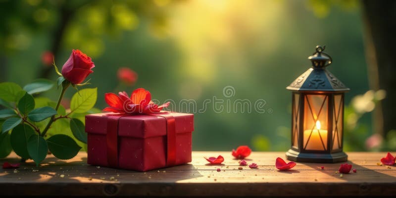 A Romantic Gift Presentation Red Rose, Present Box, and Glowing Lantern on Wooden Surface ...