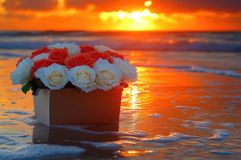 Romantic Gift of Roses at Sunset. Stock Illustration - Illustration of ...