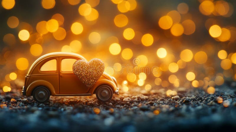 Romantic Golden Car with Sparkling Heart Under Warm Lights Stock ...