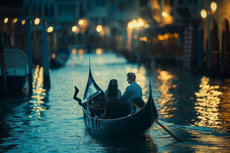 Romantic Gondola Ride Through Venice At Night Stock Illustration