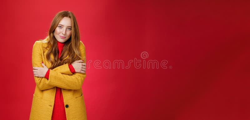 Romantic Good Looking Tender And Cute Ginger Girlfriend With Freckles Hugging Herself And