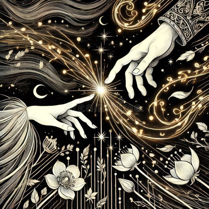 Romantic Hands and Celestial Glow Stock Illustration - Illustration of ...