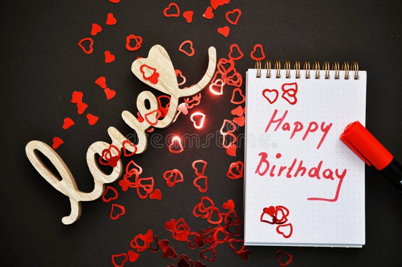 Happy Birthday Write in Notebook between Hearts Stock Illustration ...