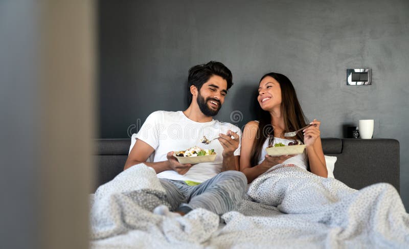 Romantic Happy Couple in Love Having Breakfast in Bed Stock Photo ...