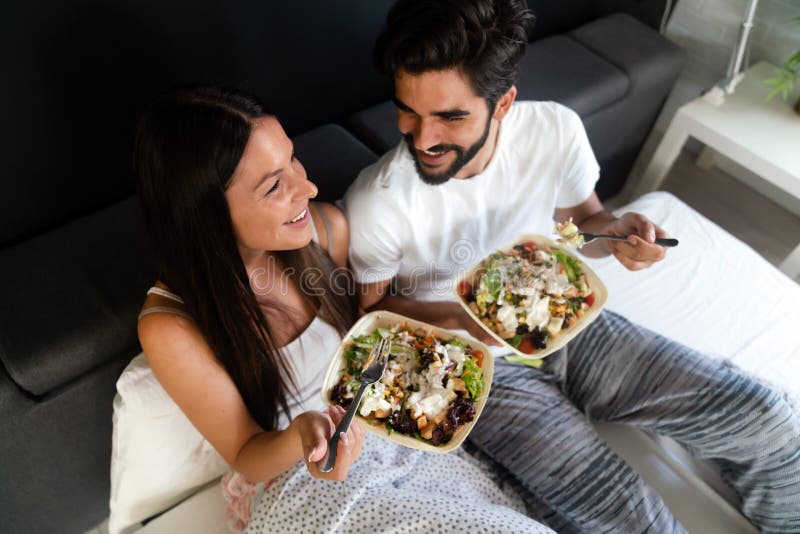 Romantic Happy Couple in Love Having Breakfast in Bed Stock Photo ...