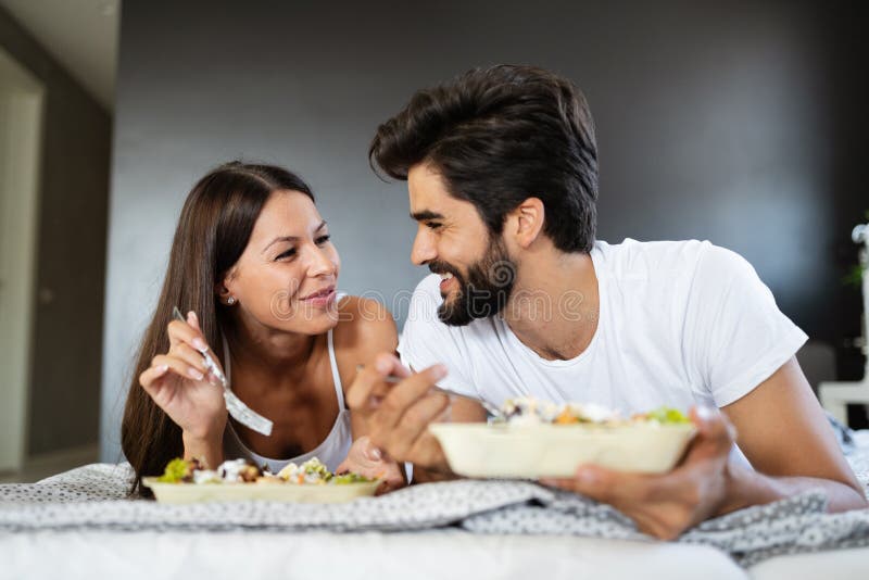 Romantic Happy Couple Having Breakfast in Bed Stock Image - Image of ...
