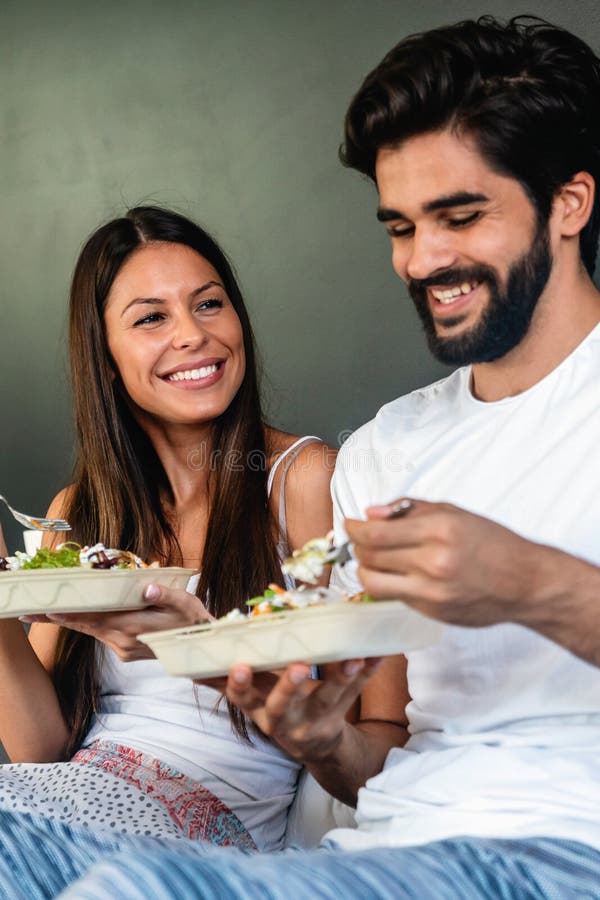 Romantic Happy Couple in Love Having Breakfast in Bed Stock Image ...