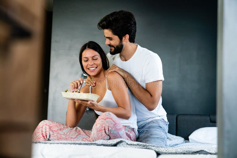 Romantic Happy Couple in Love Having Breakfast in Bed Stock Image ...