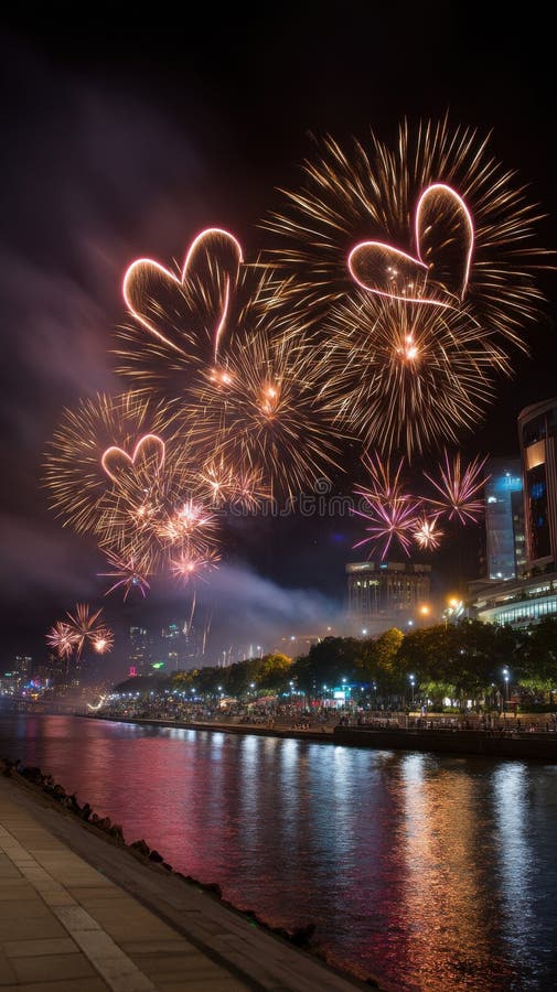Romantic Heart Fireworks Display Over Riverfront Crowd at Nighttime ...