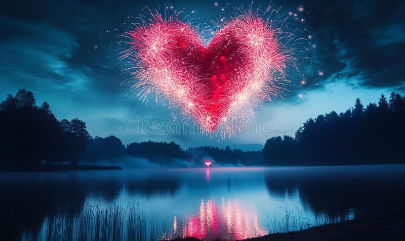 Romantic Heart Fireworks Over Serene Lake at Night High Quality Image ...