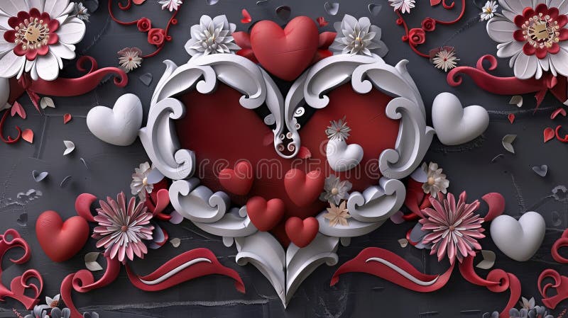 Romantic Heart and Floral Design with Intricate Patterns and Elegant ...