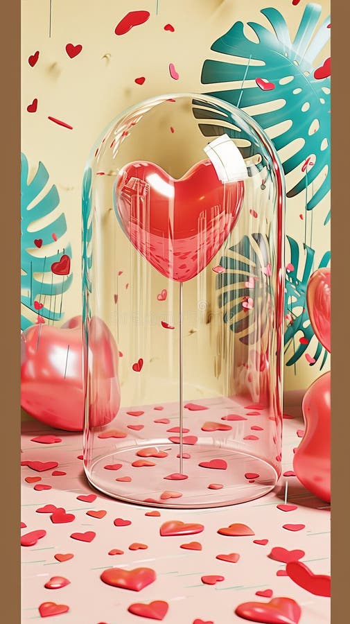 Romantic Heart Inside Glass Dome with Falling Petals and Tropical ...