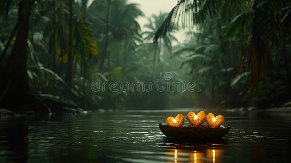 Romantic Heart Lanterns Float on Jungle River Stock Photo - Image of tropical, water: 365362238