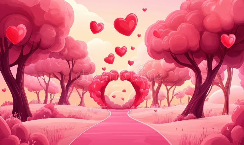 Romantic Heart Shaped Archway Pink Landscape Floating Hearts Stock ...