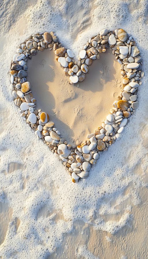 Romantic Heart Shaped Pebble Arrangement on Sandy Beach at Sunset with ...
