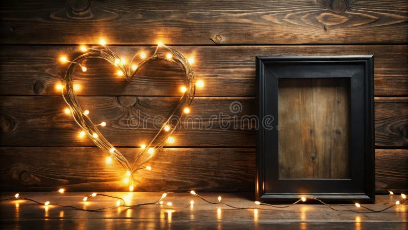 Romantic Heart-shaped String Lights and Empty Frame on Wooden ...