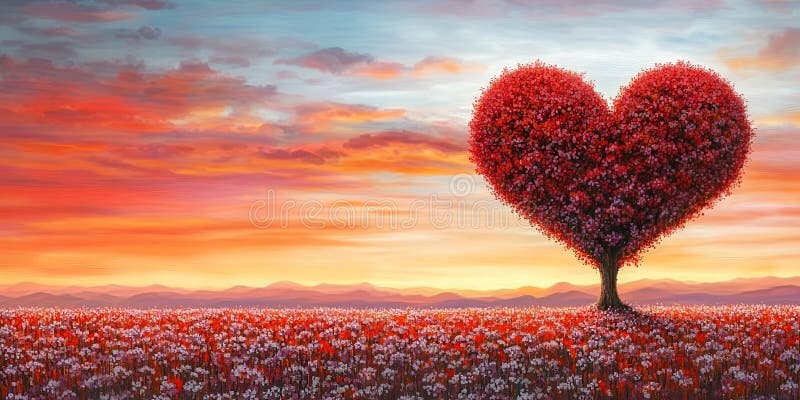 Romantic Heart Shaped Tree in Vibrant Sunset Meadow Landscape Stock ...