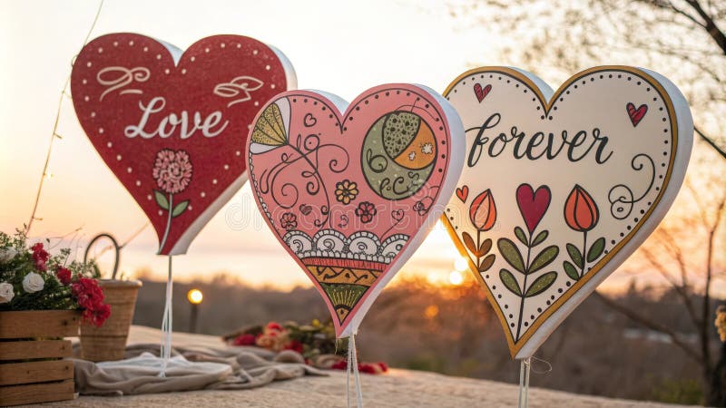 Romantic Heart Signs Displaying Love and Forever Messages at Sunset ...