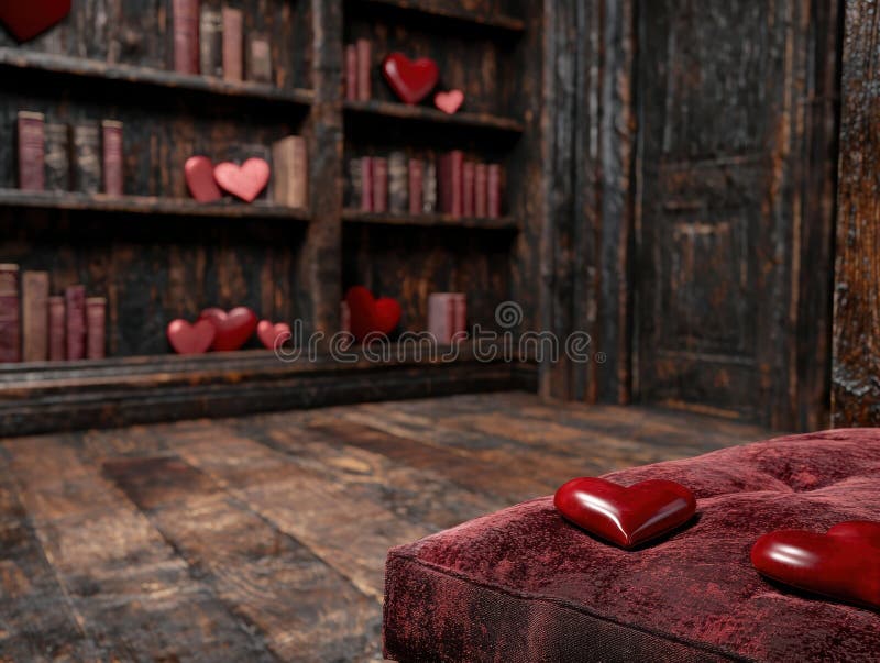 Romantic Hearts in a Cozy Library Setting Stock Illustration ...