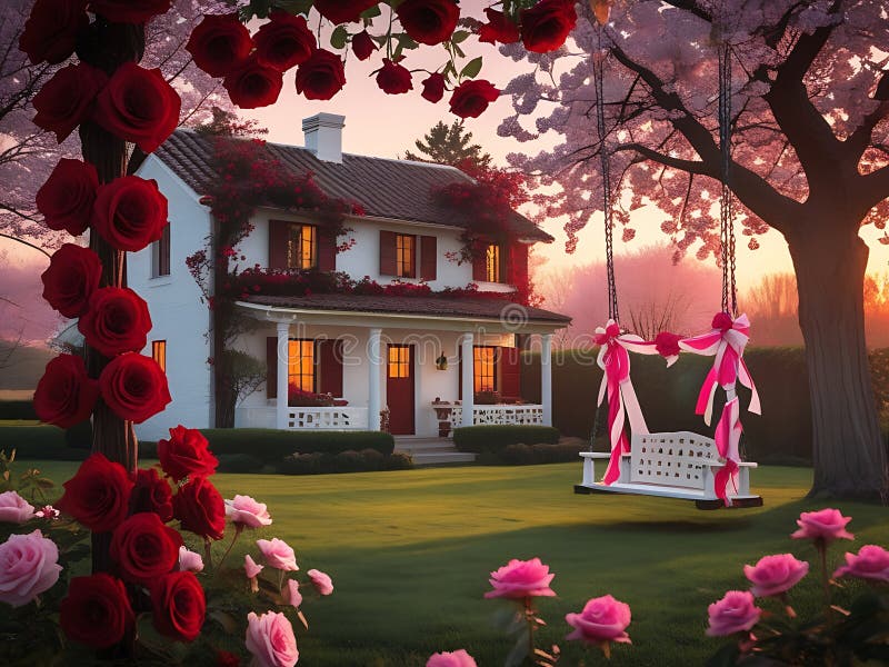 Romantic House Sunset Scene with Roses and Swing Stock Image - Image of ...
