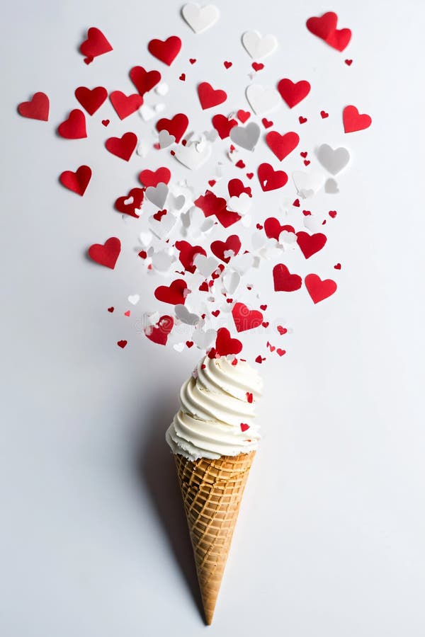 Romantic Ice Cream Cone with Heart Confetti High Quality Image Stock ...