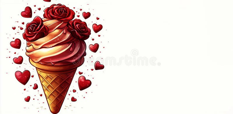 Romantic Ice Cream Cone with Red Roses and Heart Decorations Generative ...