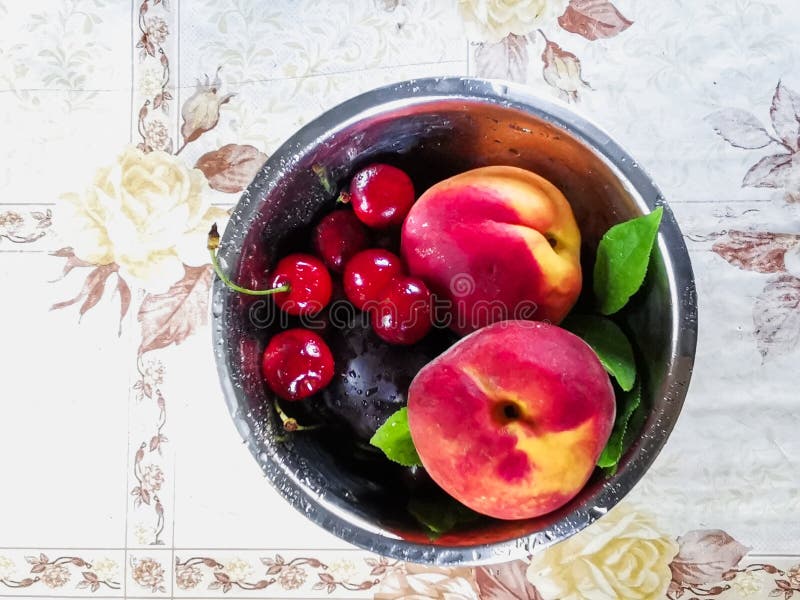 Fresh Ripe Summer Berries And Fruits Peaches Apricots Cherry And