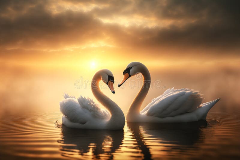 Romantic Image of Two Swans on the Lake at Sunset Stock Illustration ...