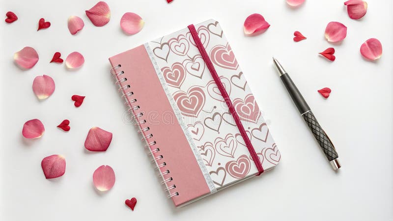 Romantic Journal with Pink Heart Designs Surrounded by Rose Petals and ...