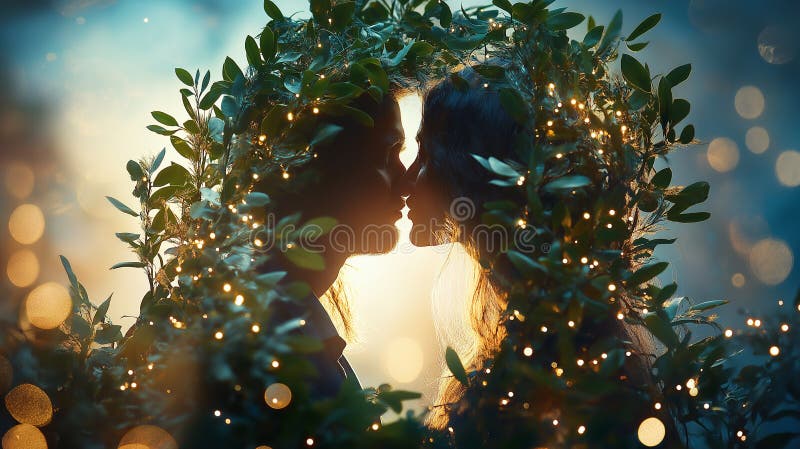 A Romantic Kiss Under an Archway of Greenery, Illuminated by Soft ...