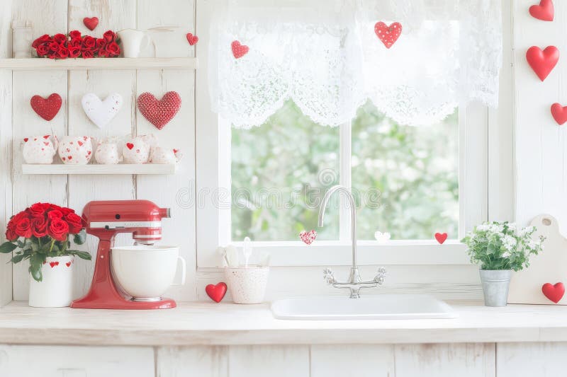 Romantic Kitchen Interior with Red Roses and Heart Decorations Stock ...